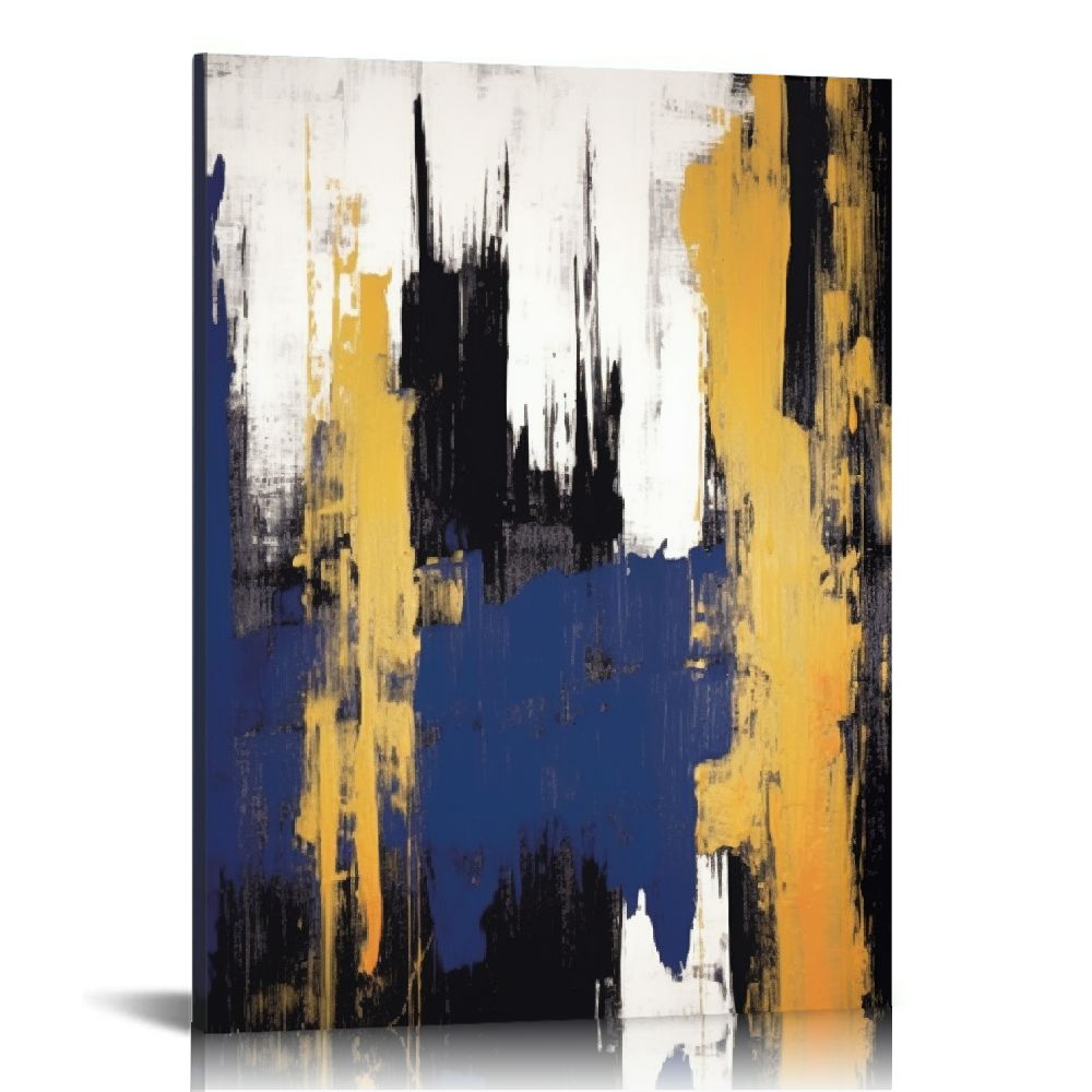 COMIO Mellow Blue Gold Brush Stroke Abstract, Black Framed Wall Art ...