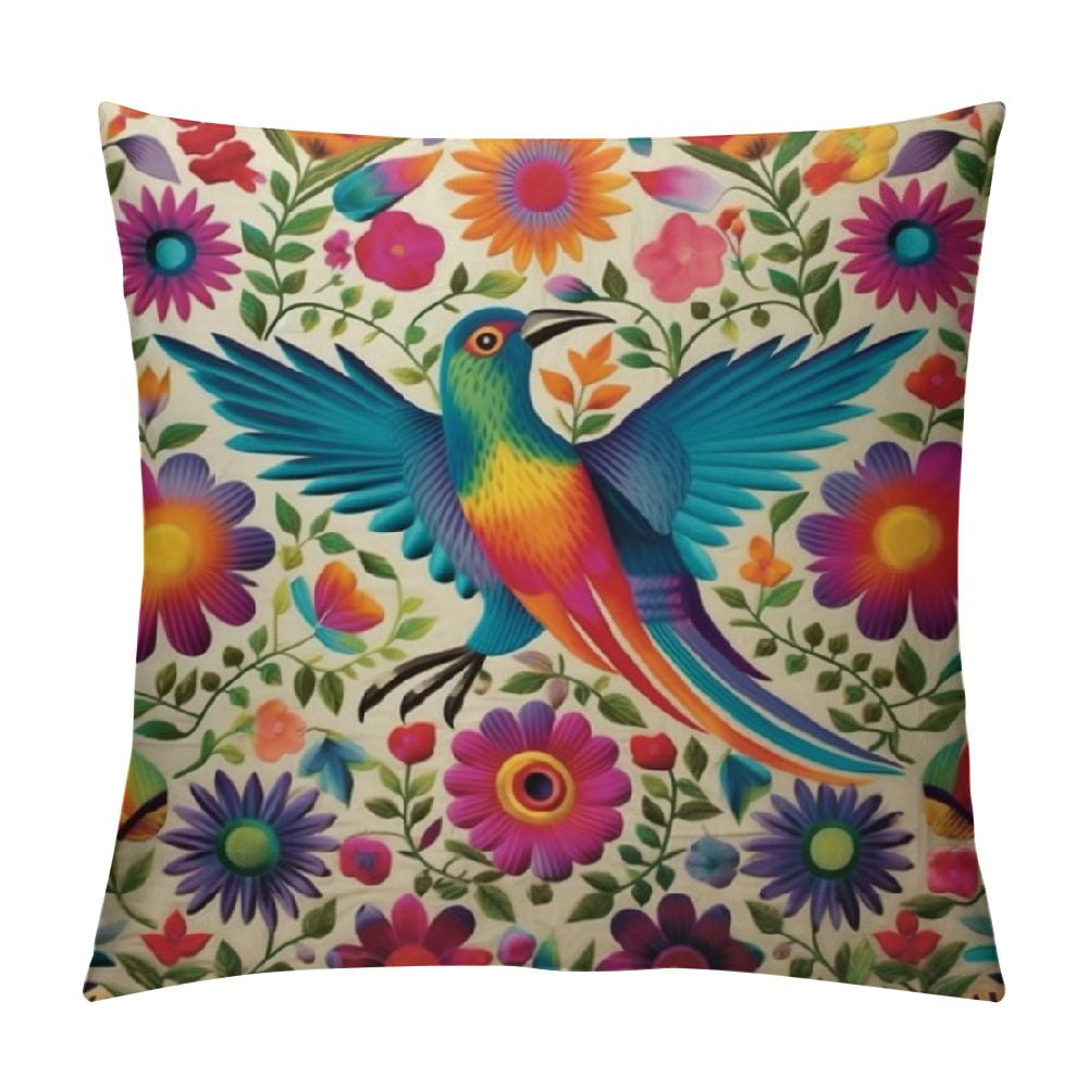 COMIO Mexican Colorful Ethnic Birds Flowers Pillow Cover Mexican Art ...