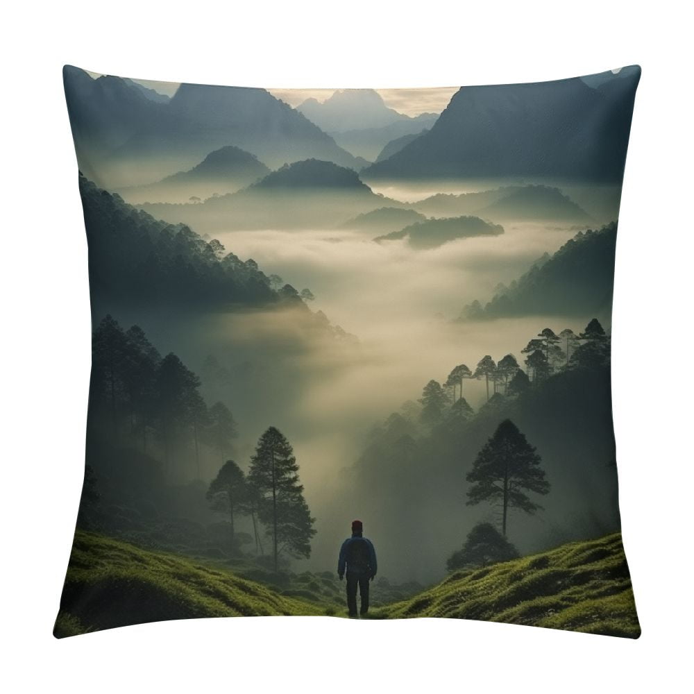 MLJA Misty Forest Throw Pillow Cover Mountain Foggy Pine Tree ...