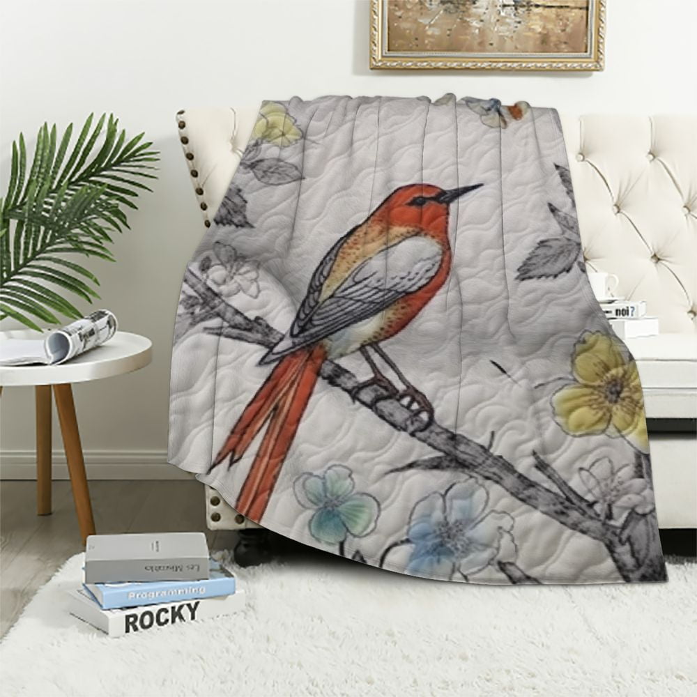 COMIO - Mockingbird - Quilted Throw - Grey Toile with Birds and ...