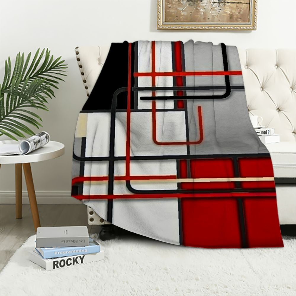 COMIO Modern Geometry Throw Blanket Red White Geometric Lines Plush ...