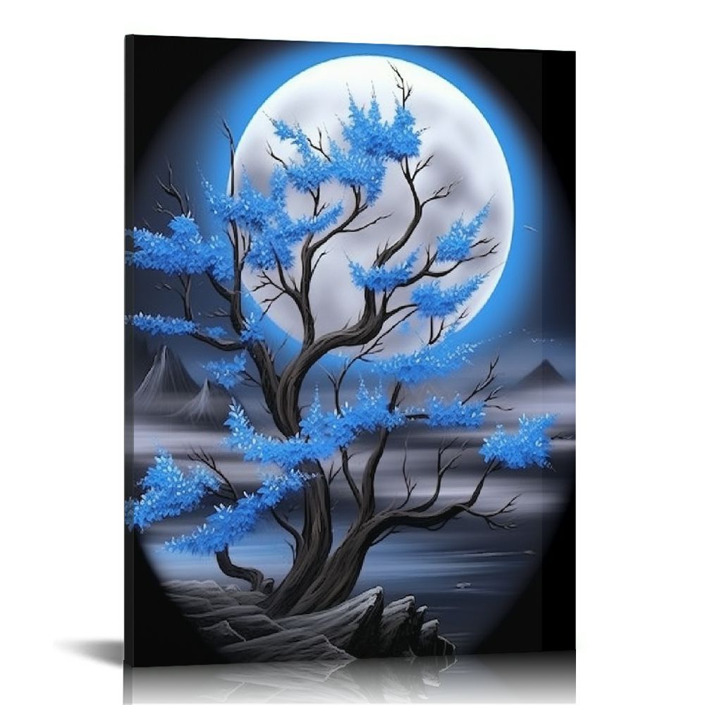 COMIO Moon Canvas Wall Art Modern Abstract Blue Tree with Full Moon ...