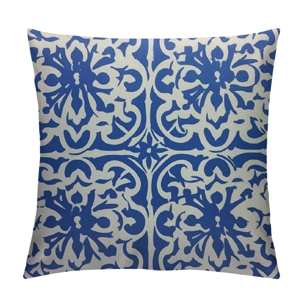 COMIO Moroccan Tile Pillow Cover Ikat Damask Traditional Floral Cobalt ...