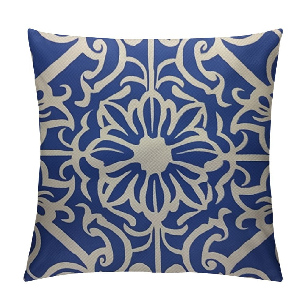COMIO Moroccan Tile Pillow Cover Ikat Damask Traditional Floral Cobalt ...