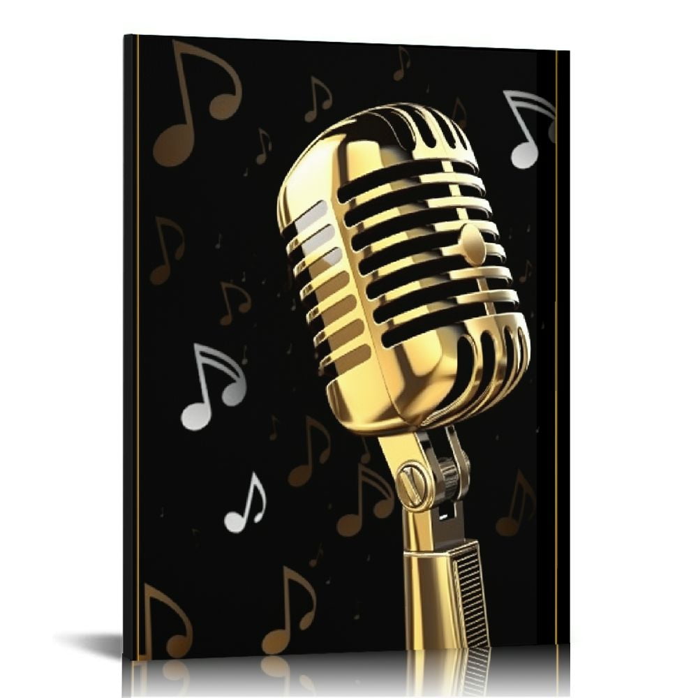 COMIO Music Canvas Wall Art Black Gold Microphone and Musical Note ...