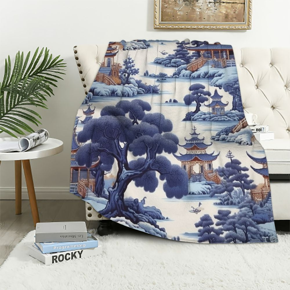 COMIO Nanjing Blue and White Chinoiserie Pagoda Asian Blanket, Throws ...