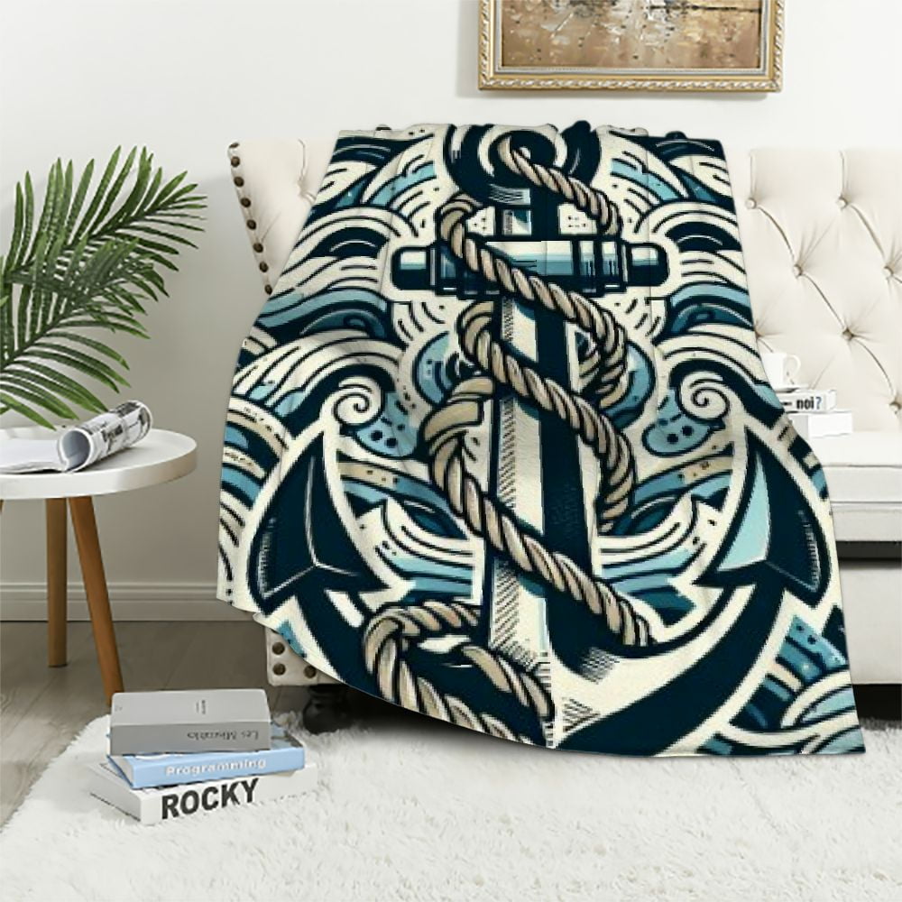 COMIO Nautical Anchor Blanket Gifts for Men, Gray and White Chevron ...