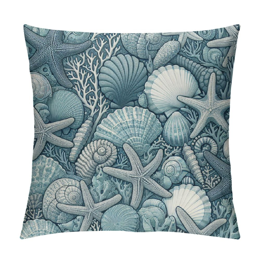QZHH Nautical Coastal Pillow Covers Blue Beach Theme Ocean Seashell ...