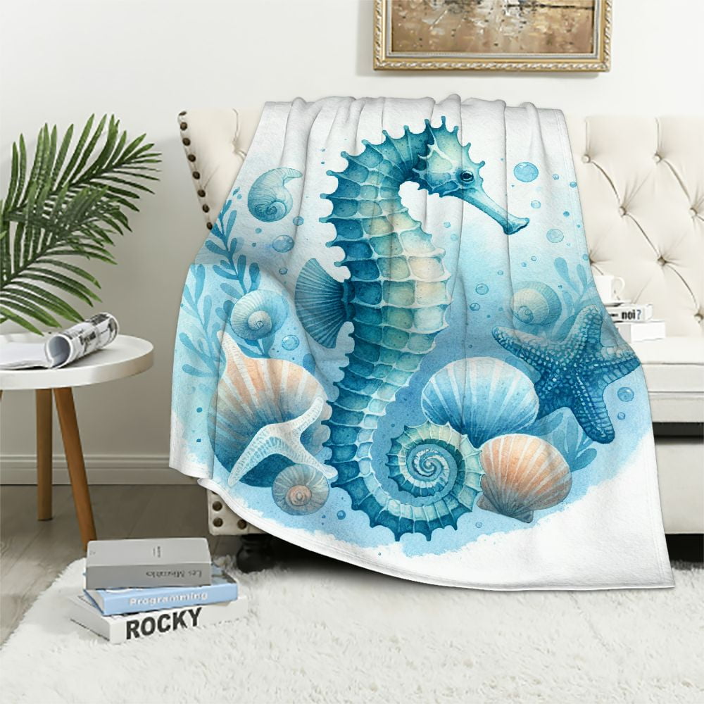 COMIO Nautical Throw Blanket, Shells Sea Horse Corals Fish Sandy Beach ...