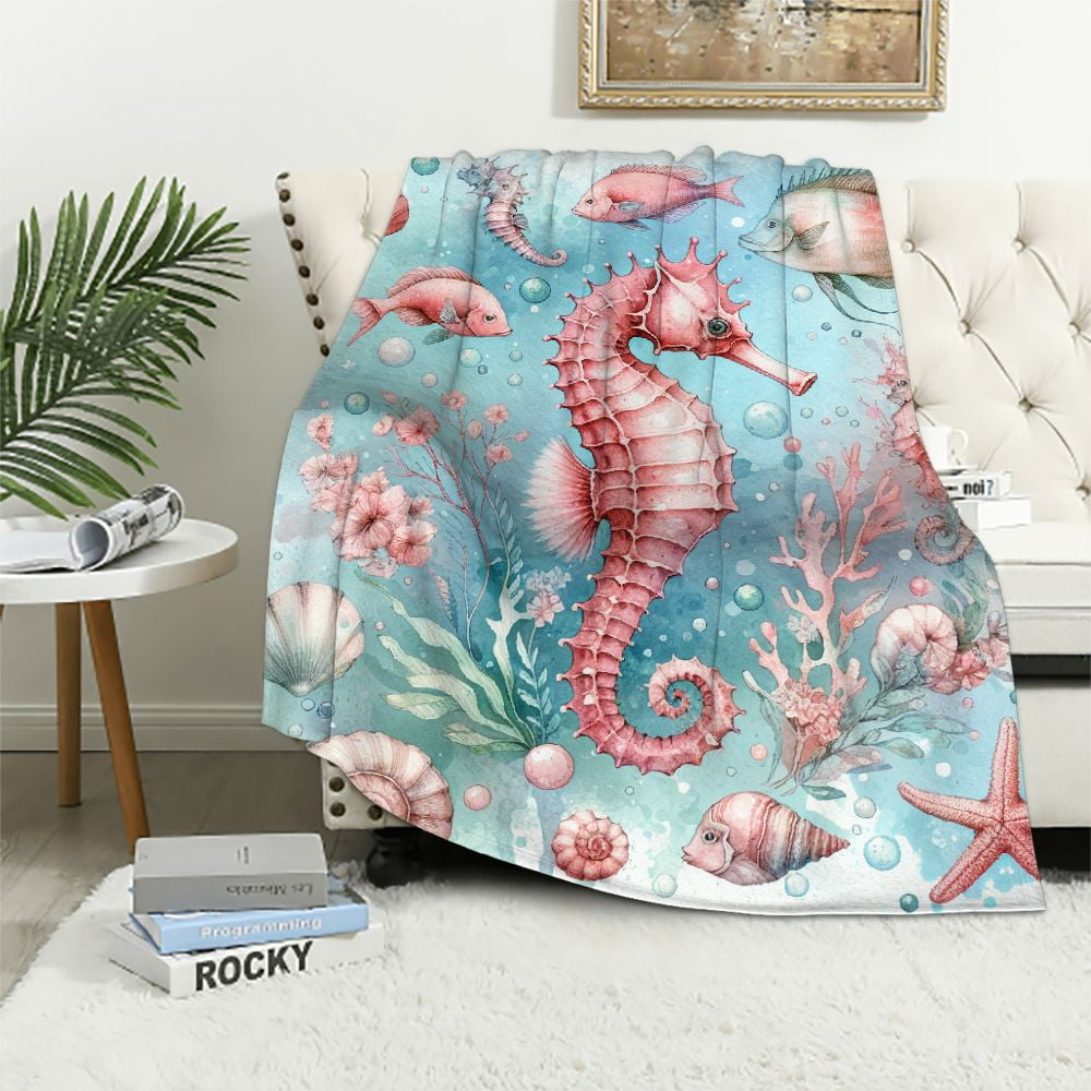 COMIO Nautical Throw Blanket, Shells Sea Horse Corals Fish Sandy Beach ...