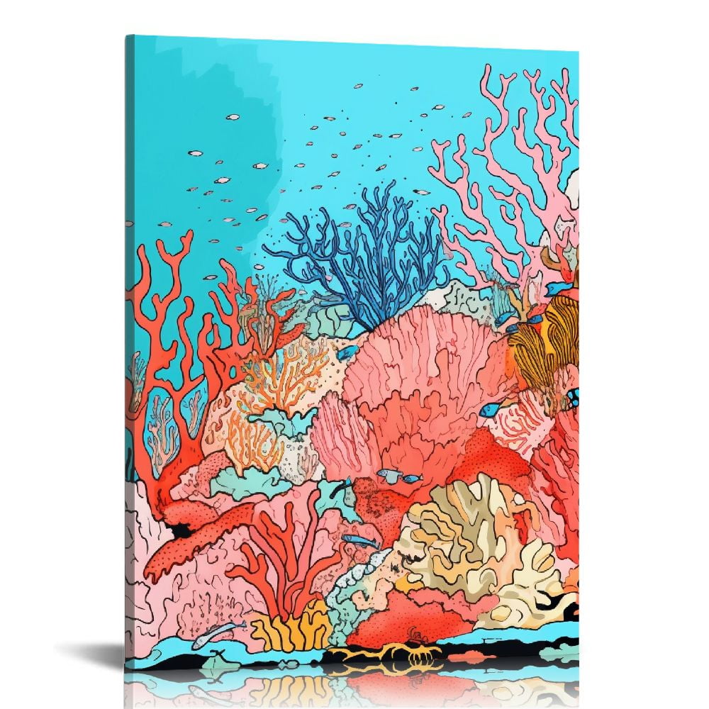 COMIO Navy Blue Canvas Wall Art Hand Painted White Coral Painting ...