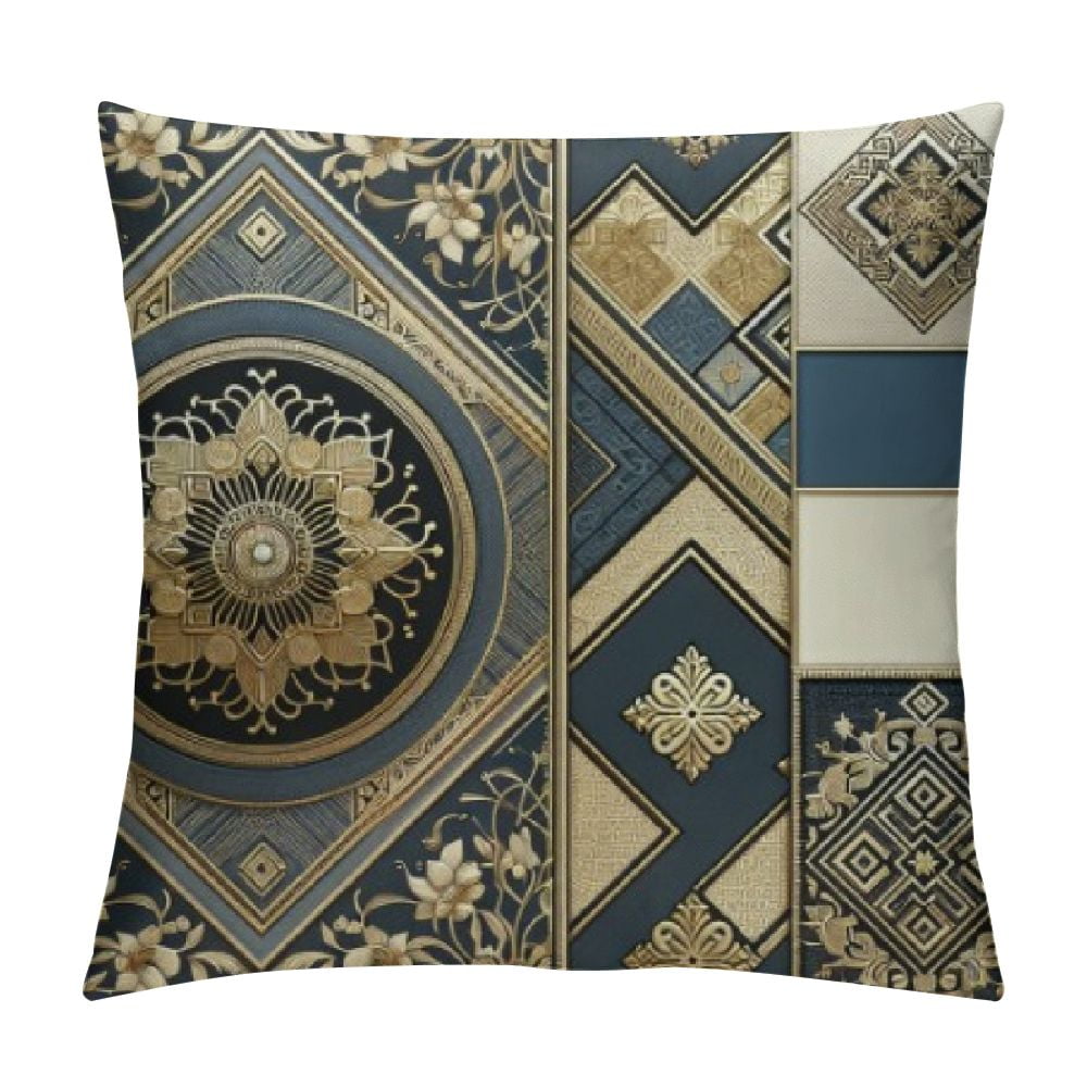 COMIO Navy Blue Patchwork Throw Pillow Cover with Gold Striped Leather ...