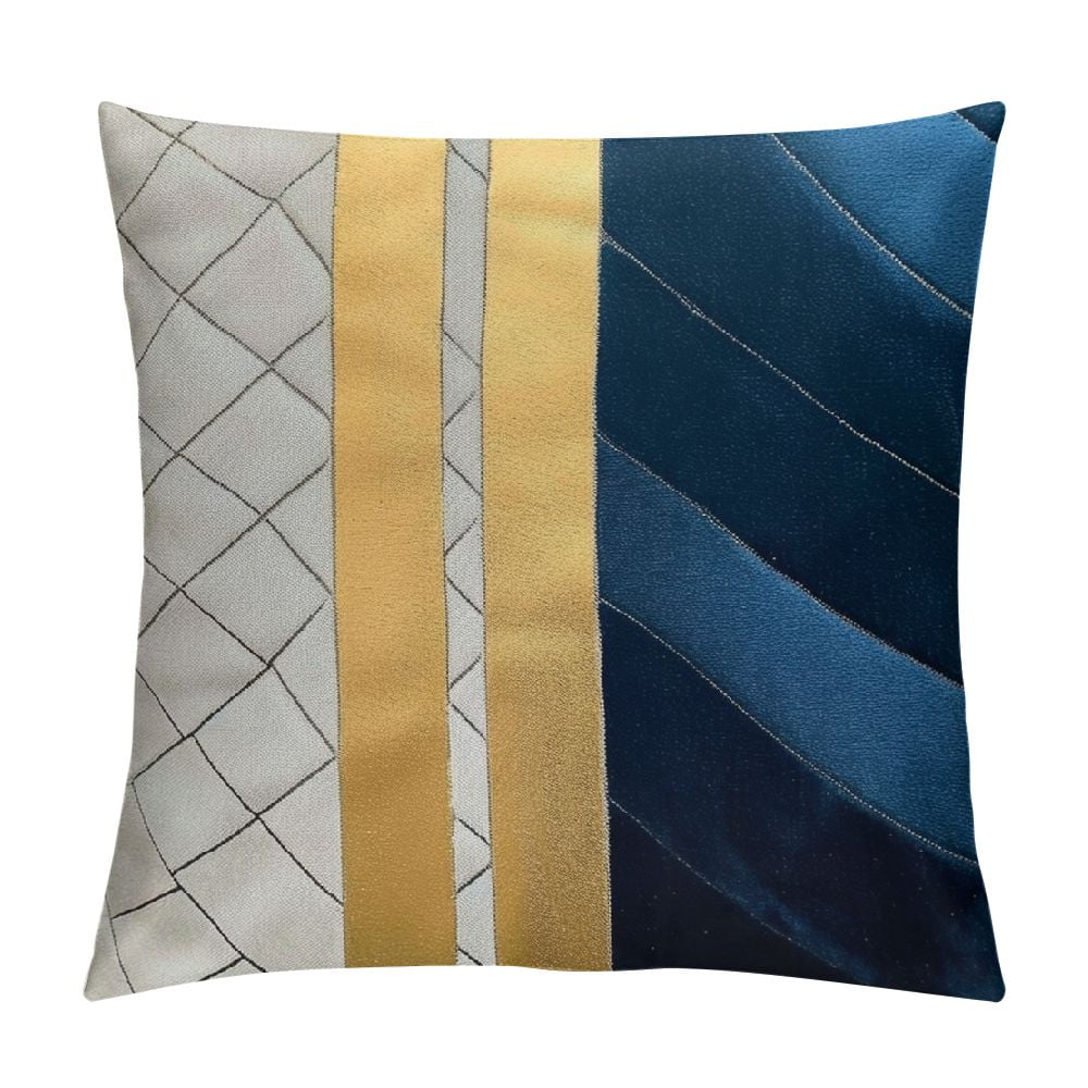 COMIO Navy Blue Patchwork Throw Pillow Cover with Gold Striped Leather ...