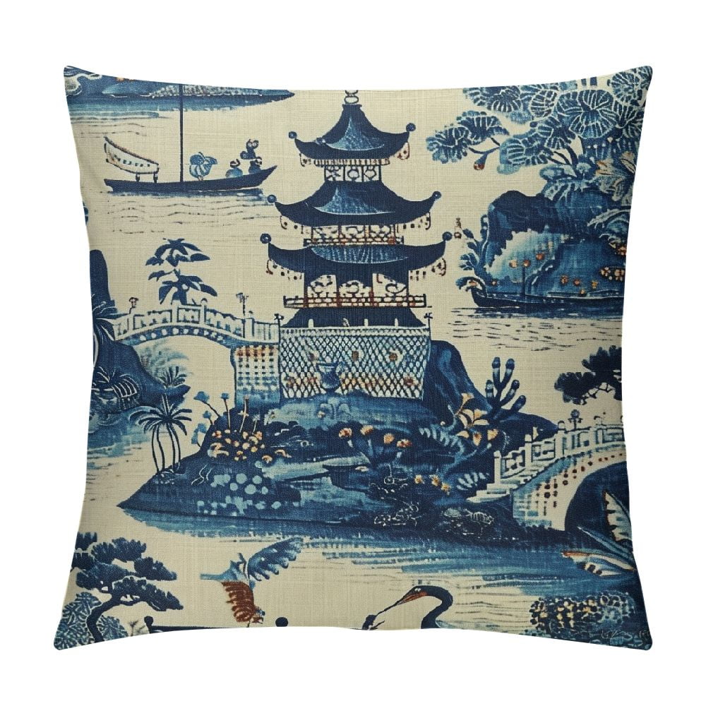QZHH Navy Blue Pillow Covers Asian Scenic Decorative Outdoor Throw ...