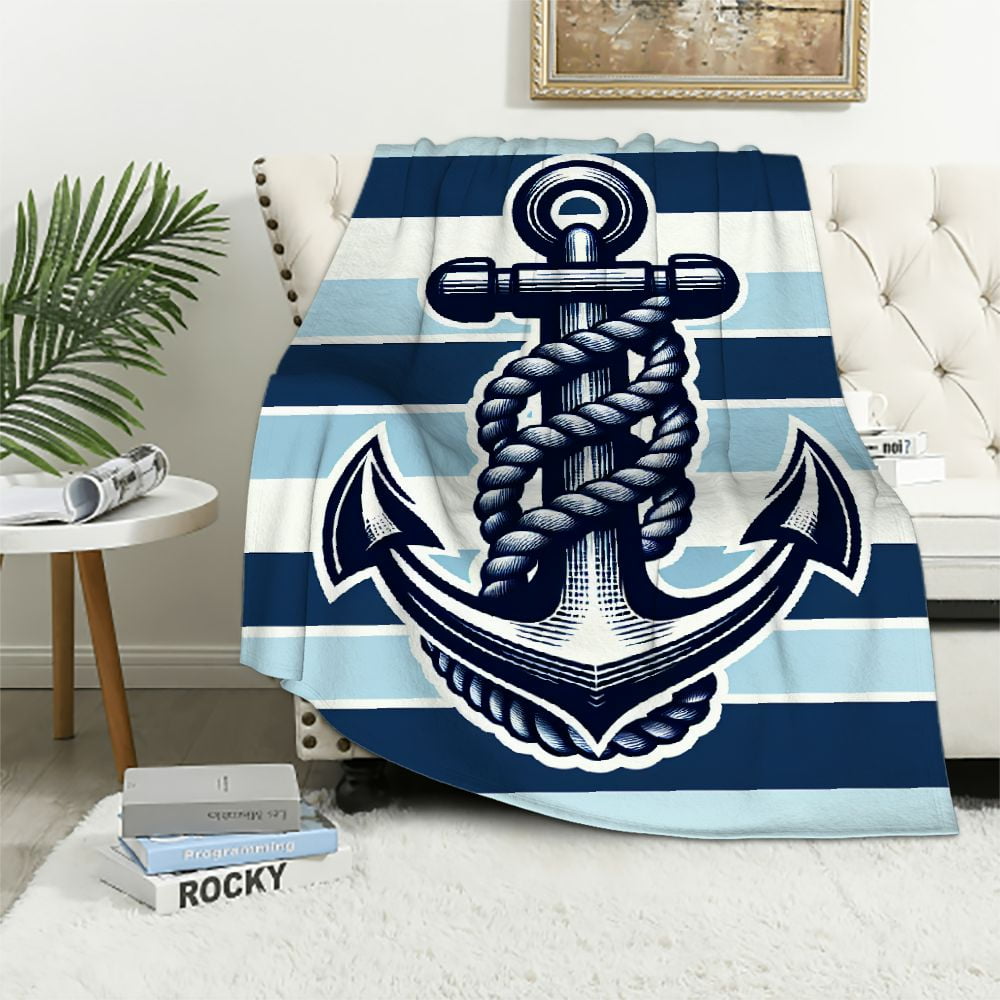 COMIO Navy Stripes Blanket Nautical Theme Anchor Throw Blanket Warm and ...