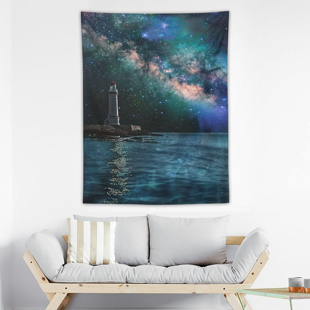 COMIO Night Sky Tapestry, Ocean Sea Scenery Lighthouse Romantic Nebula ...