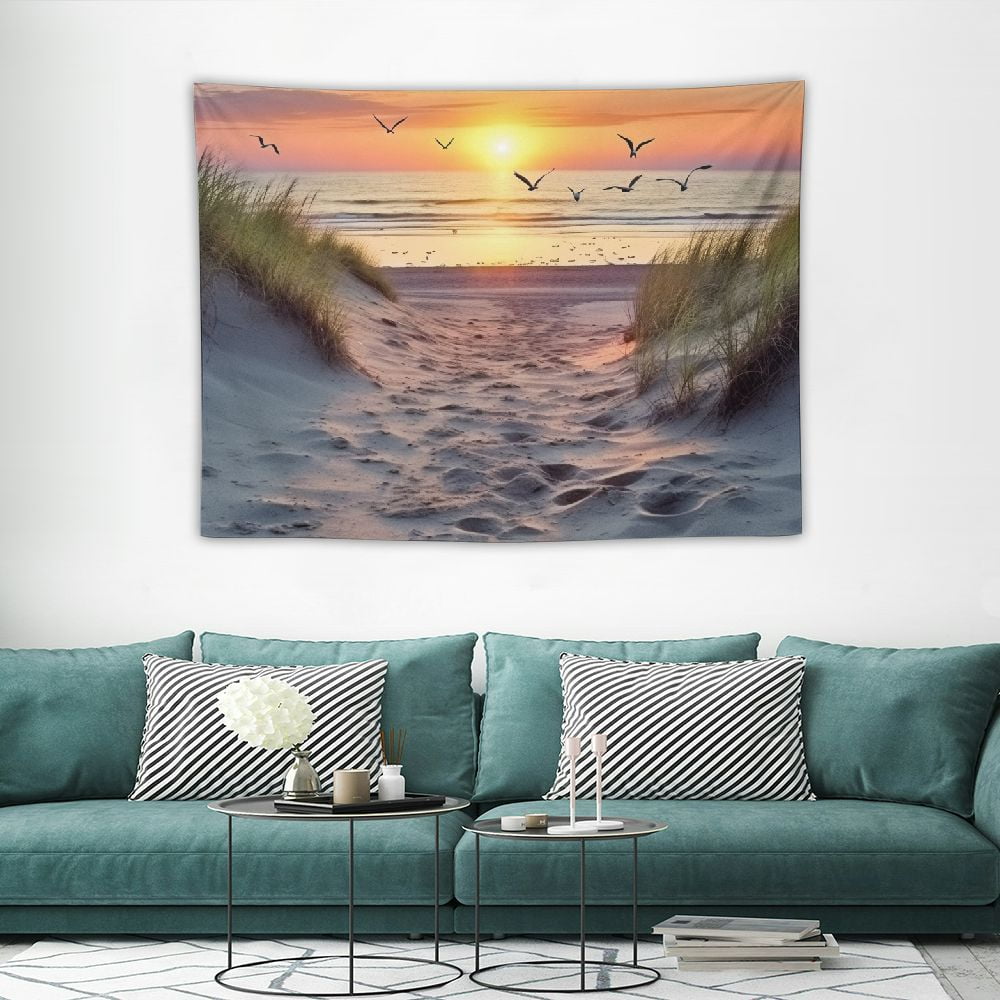 COMIO Ocean Beach Tapestry Wall Hanging, Sunset Seabird and Beach with ...
