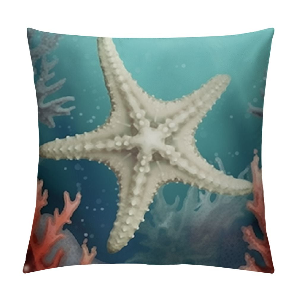COMIO Ocean Beach Throw Pillow Covers Seahorse Turtle Starfish Coastal Outdoor Decorative ...