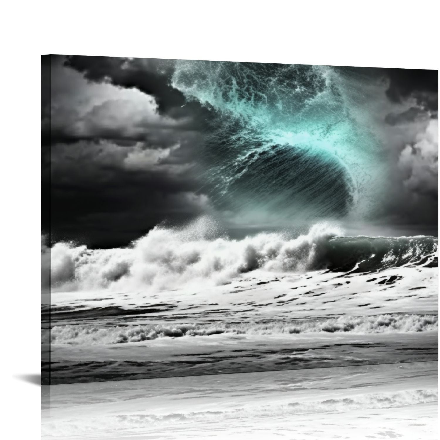 COMIO Ocean Lightning Storm Canvas Wall Art Black White Blue Sea Wave ...
