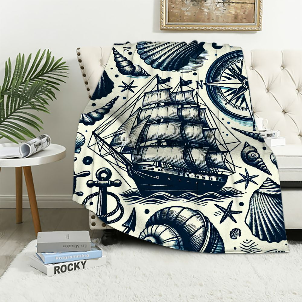 COMIO Ocean Nautical Throw Blanket Sailboat Anchor Compass Plush ...