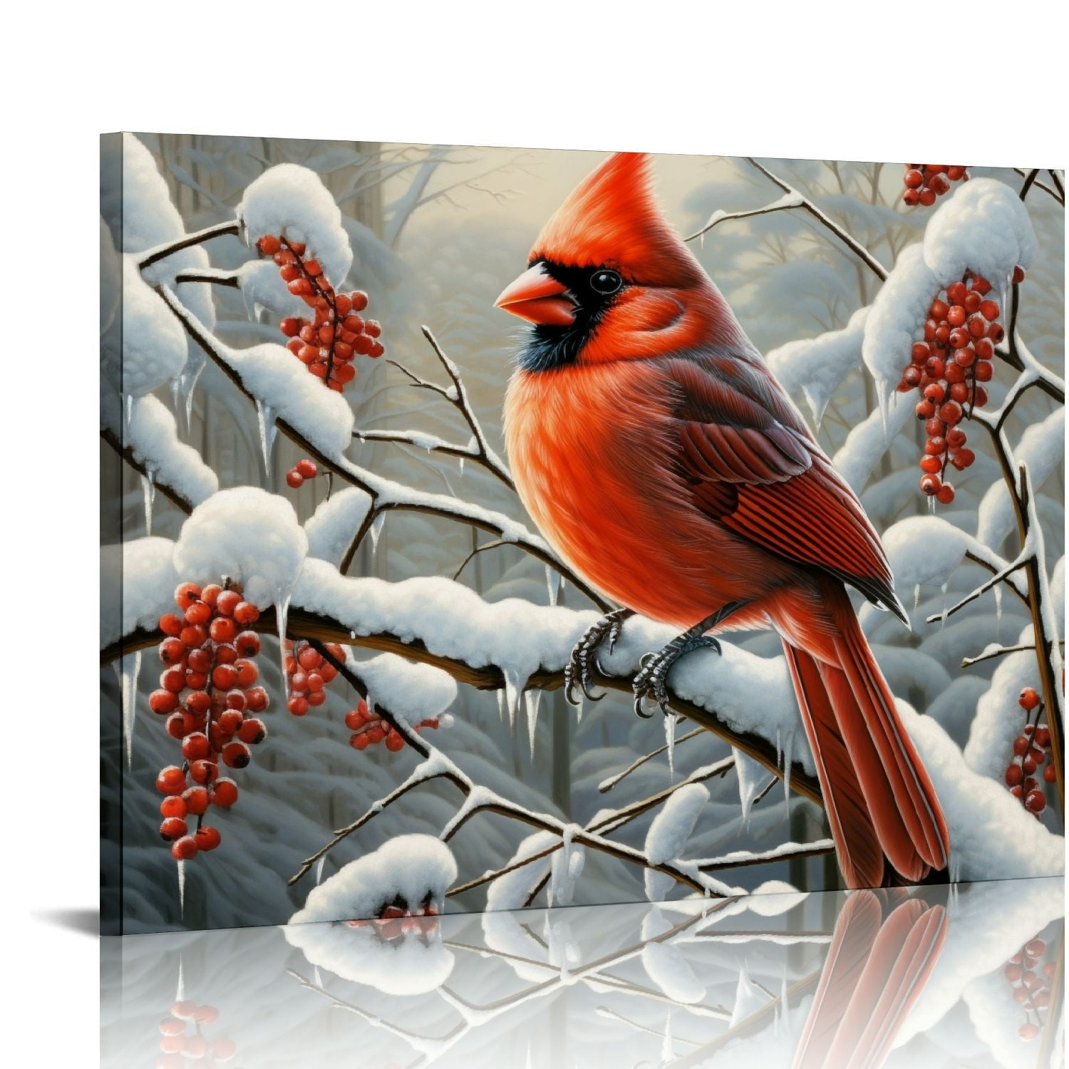 COMIO Oil painting Canvas wall art Red Cardinal Bird on snow branches ...
