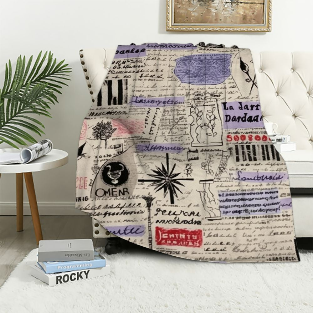 COMIO Old Newspaper Throw Blanket, Lavender Retro Pattern Hearts Herbs ...