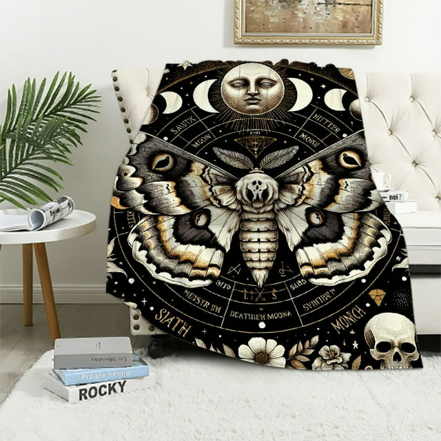 COMIO Orange Moth Throw Blanket, Retro Boho Flower Butterfly Sun Moon ...