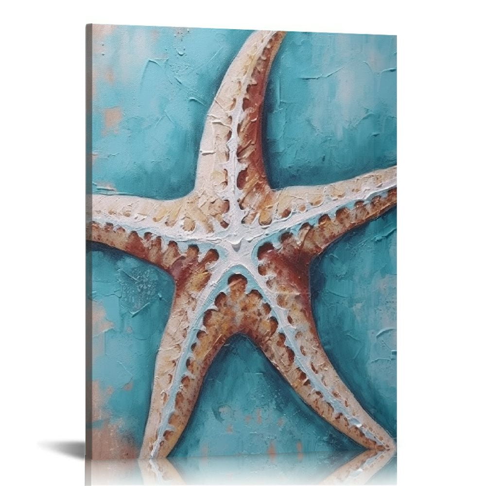 COMIO Painted Teal Starfish on Beach with Gold Foil Canvas Wall Art ...