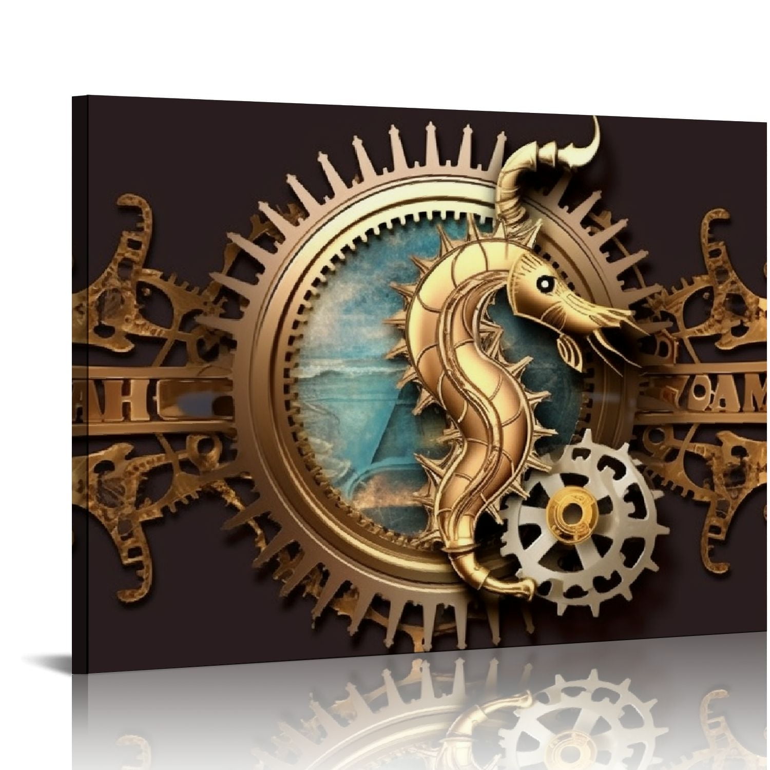 COMIO Painting Wall Art, Seahorse Wind Vane Compass Golden Anchor Gear ...