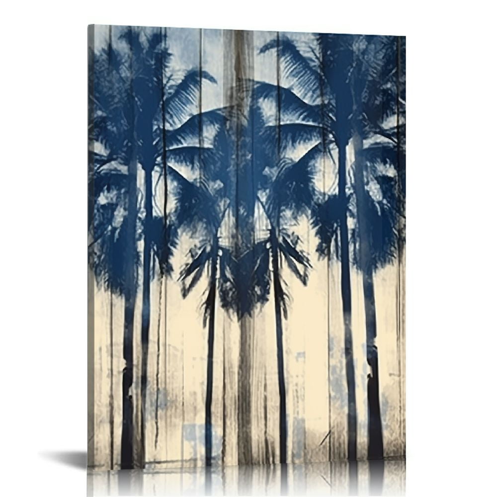COMIO Palm Tree Canvas Wall Art Navy Blue Painting Rustic Tropical Leaf ...