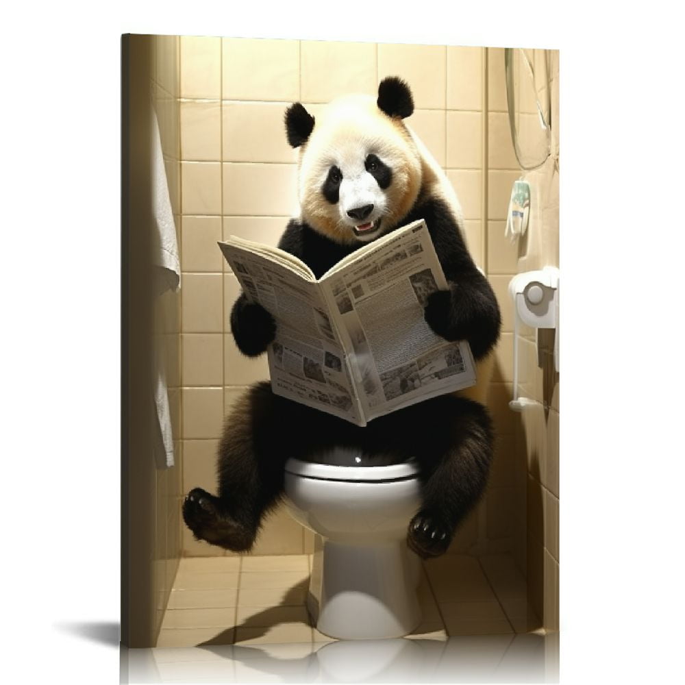 COMIO Panda Bathroom Canvas Wall Art, Panda Reading Newspapers Painting ...
