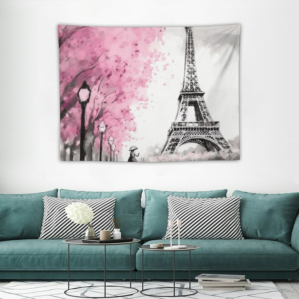 Comio Paris Eiffel Tower Tapestry Wall Hanging Rustic Pink Paris Theme Fabric Dorm Wall Decor