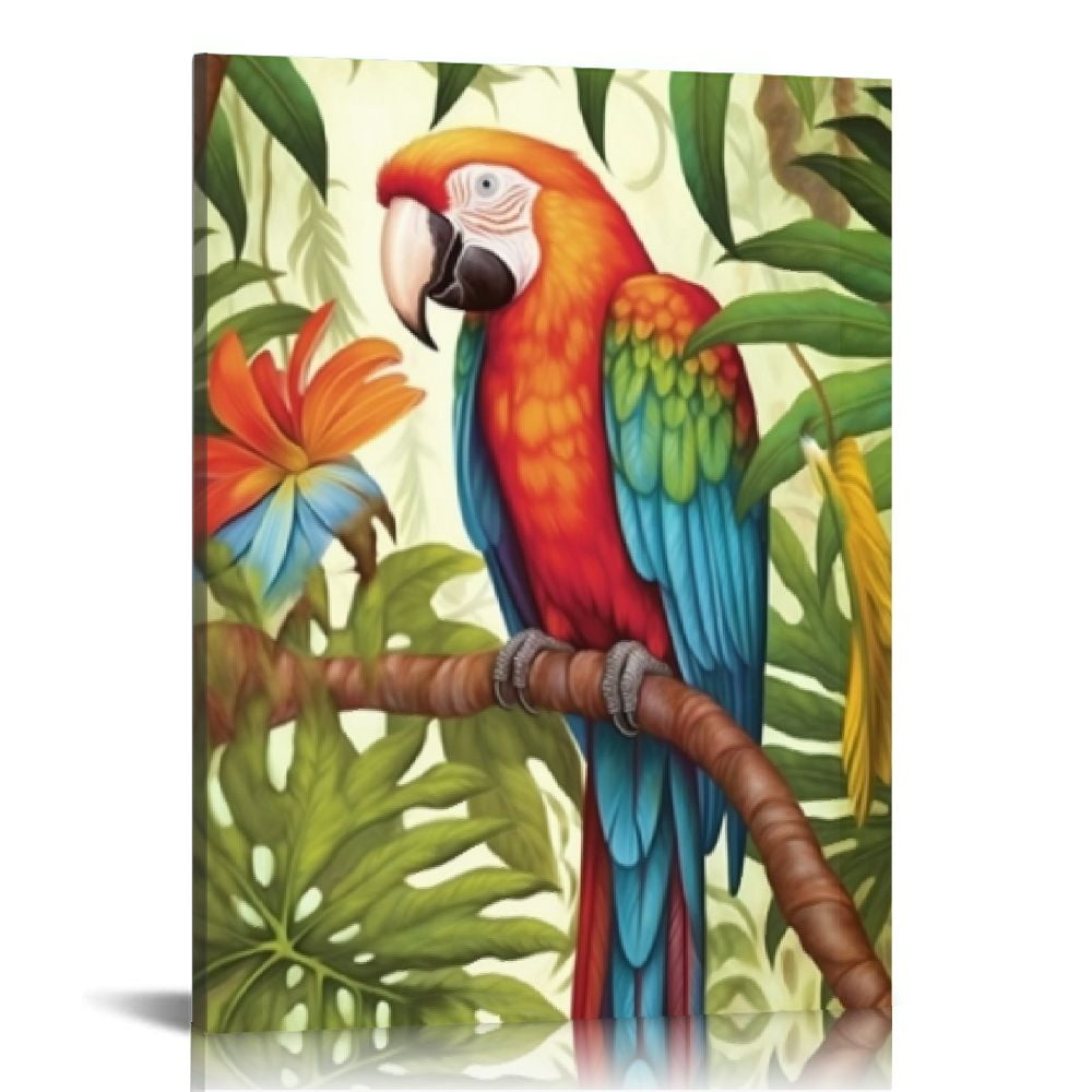 COMIO Parrot Canvas Art Parrots with Tropical Leaves Hibiscus Flowers ...