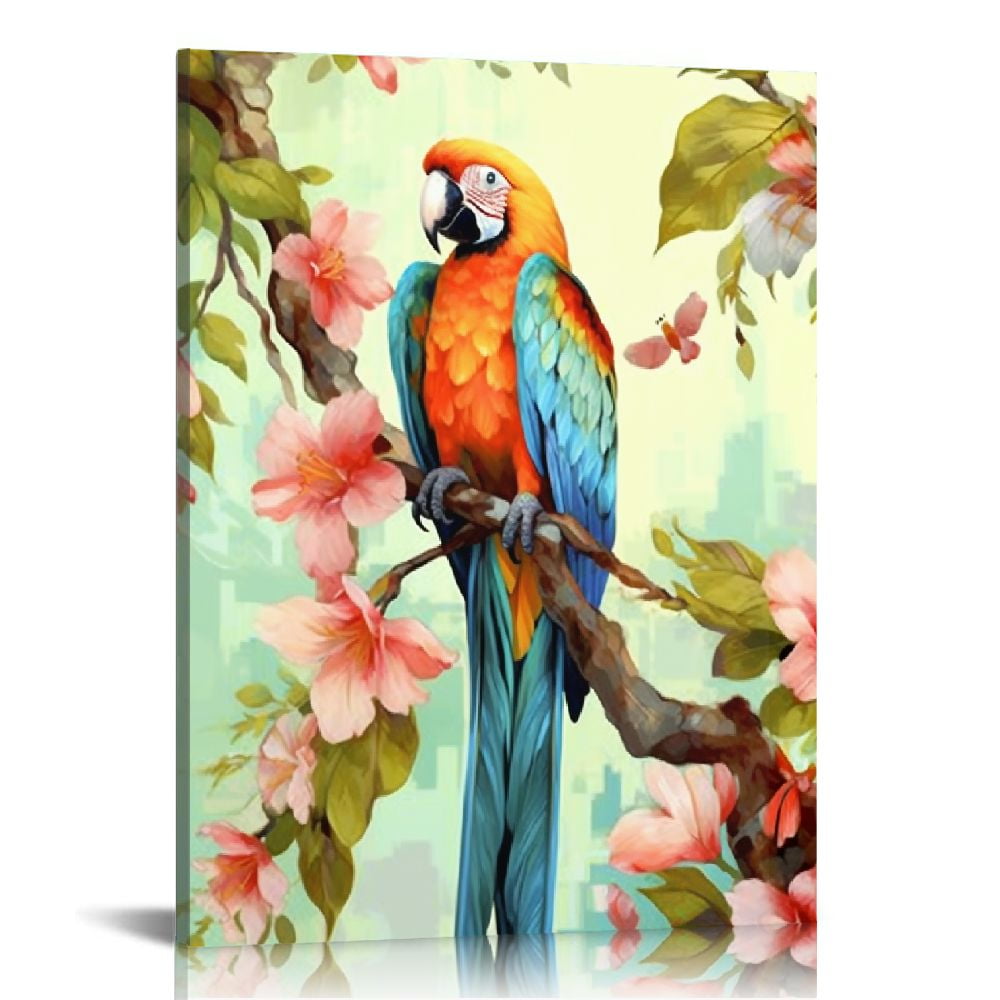 COMIO Parrot Wall Art Colorful Parrot on Branch with Tropical Leaves ...