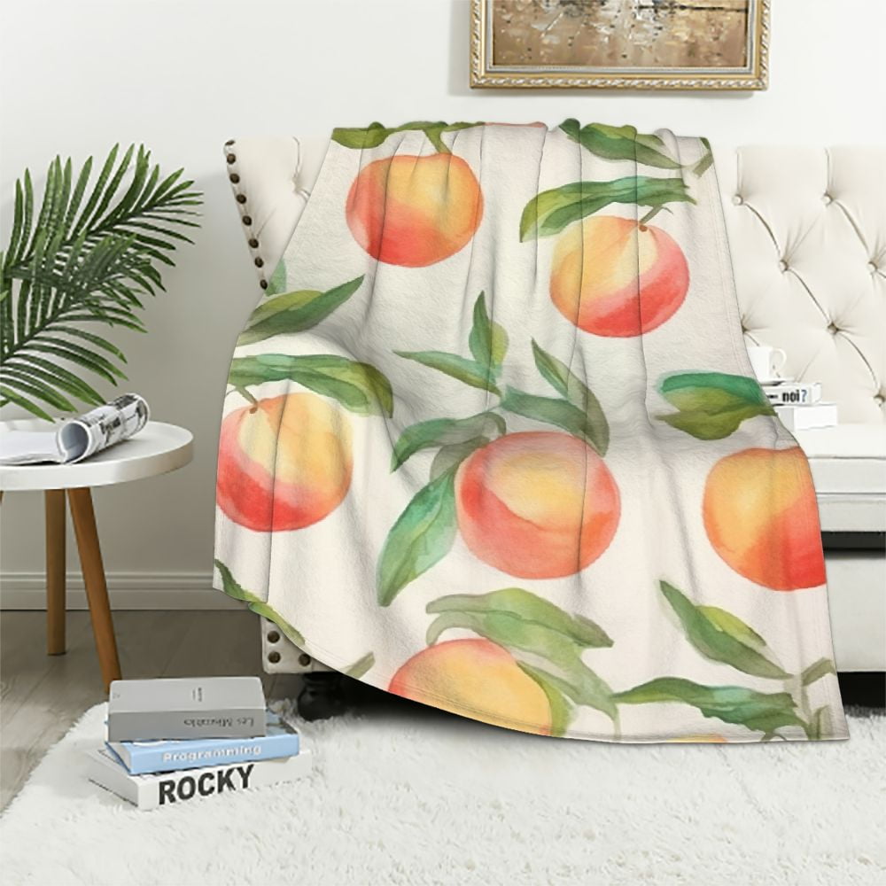 COMIO Peach Throw Blanket Watercolor Hand Drawn Peaches Seamless ...