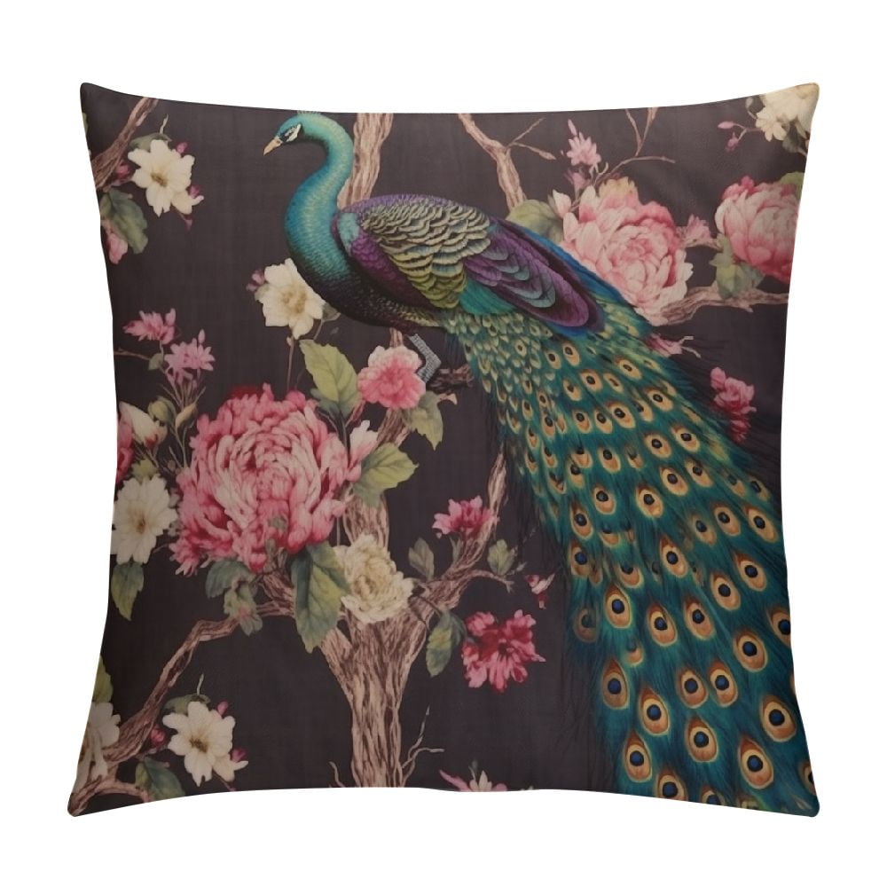 COMIO Peacock On Cherry Tree Throw Pillow Cover Beautiful Bird Feather ...