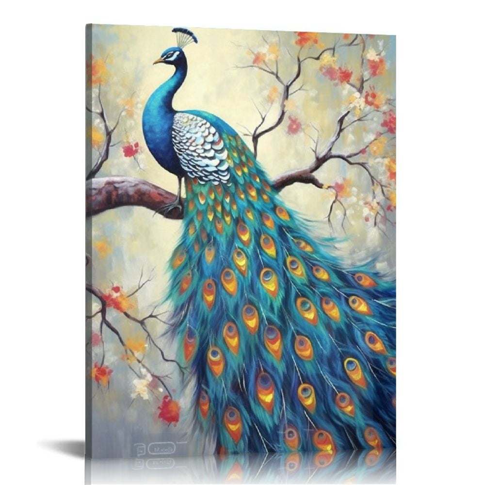 COMIO Peacock Paintings Canvas Wall Art Blue Peacock Spreads Colorful ...