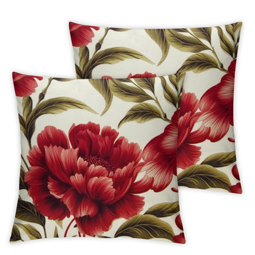 QZHH Peony Flower Throw Pillow Covers Red and White Floral Decorative ...