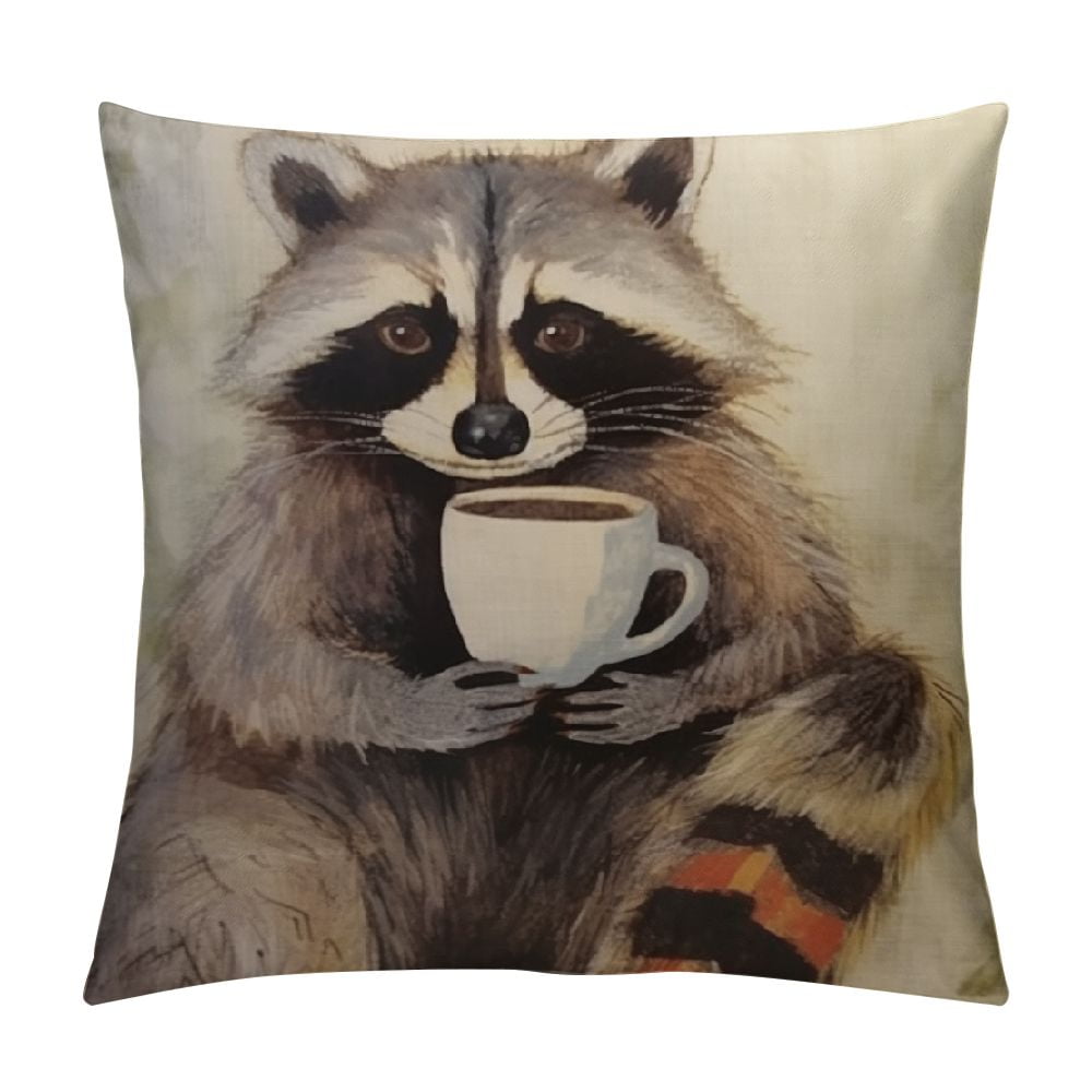 COMIO Pillow Case Macro Watercolor Funny Raccoon Coffee Character ...
