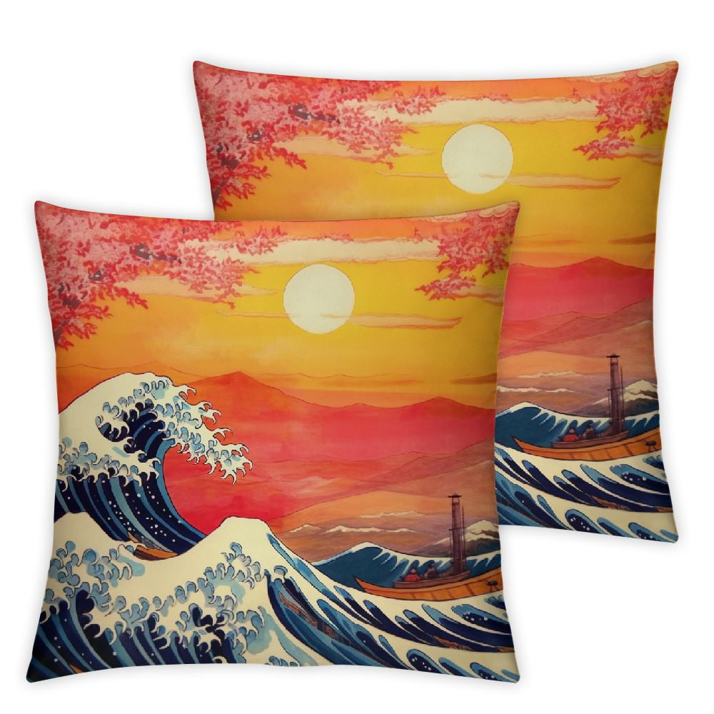 COMIO Pillow Cover Japanese Sakura Traditional Oriental The Great Wave ...