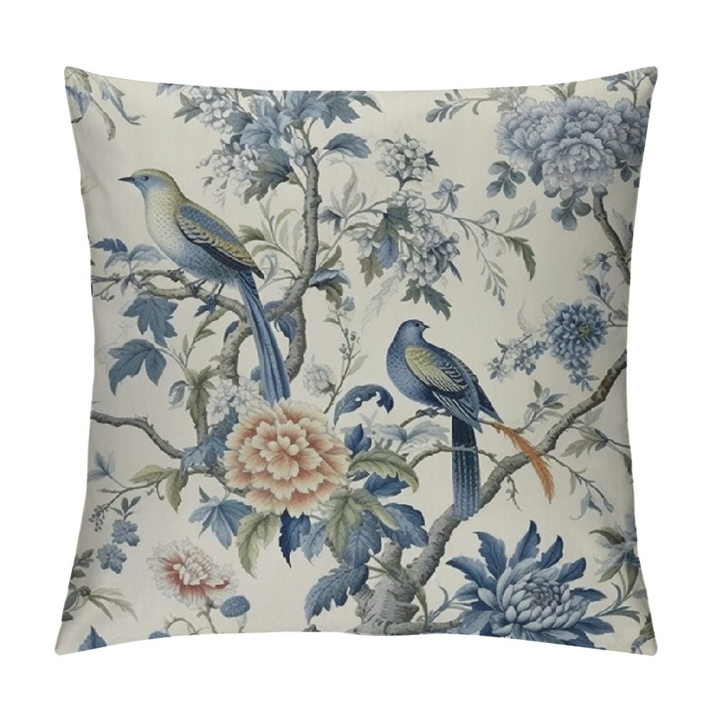 Comio Pillow Covers Vintage Bule Birds Flowers Farmhouse Decorations