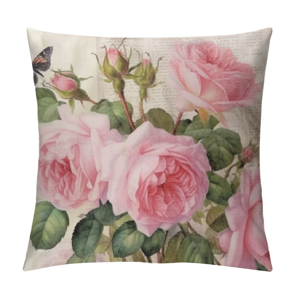 COMIO Pink Blooming Romantic Roses Throw Pillow Covers Vintage Natural ...