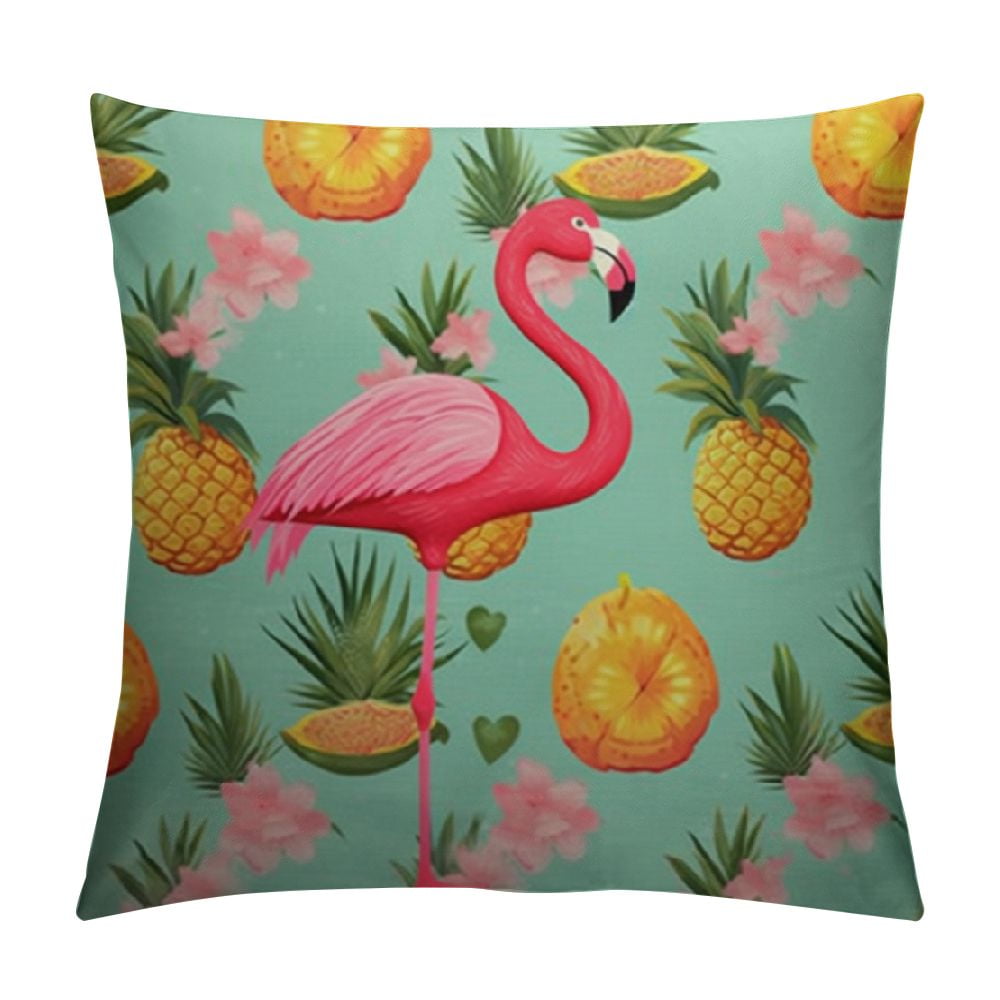 COMIO Pink Flamingo Pillow Cover Pineapples and Exotic Leaves Theme ...