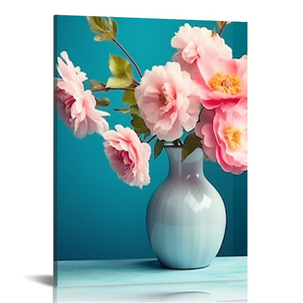 COMIO Pink Floral Wall Art Flowers in Vase Canvas Painting Pink Lotus ...