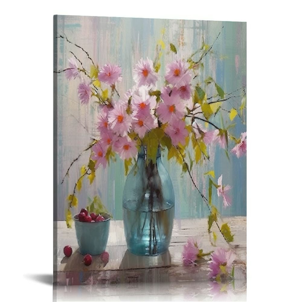 COMIO Pink Flower Canvas Wall Art Florals Abstract Picture Teal ...