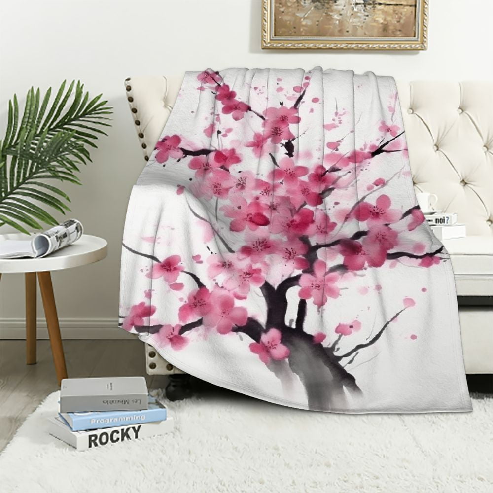 COMIO Pink Flower Sakura Plum Blossom Throw Blanket Cherry Japanese ...