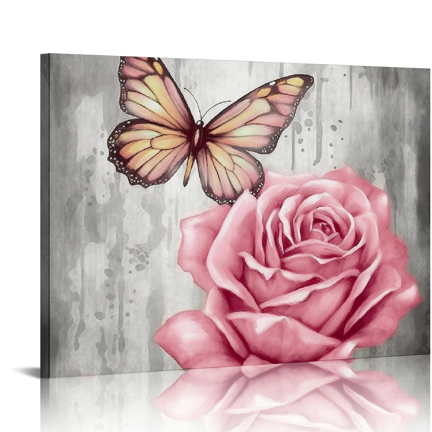 COMIO Pink Rose Flower Wall Art Paintings Floral with Butterfly Prints ...