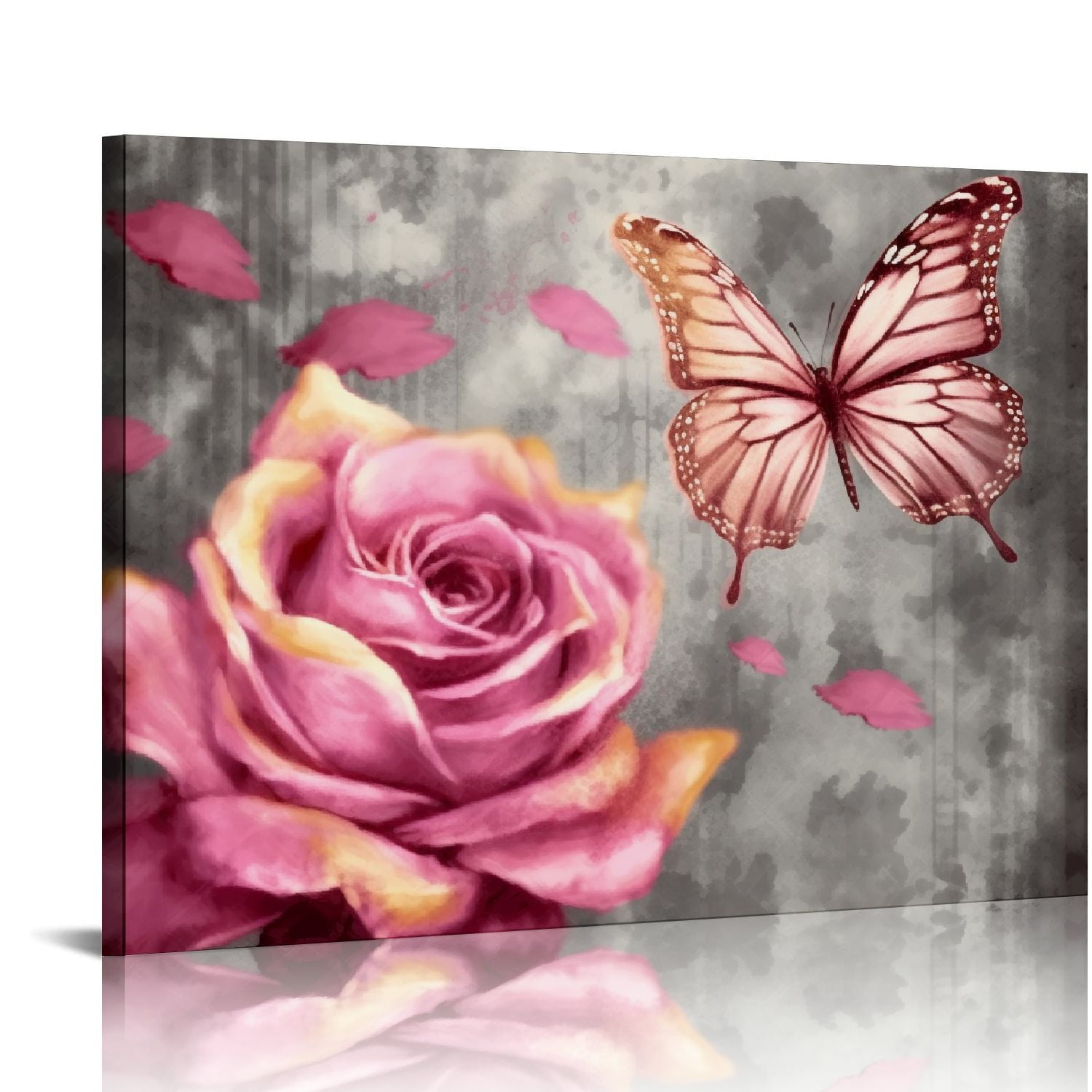 COMIO Pink Rose Flower Wall Art Paintings Floral with Butterfly Prints ...