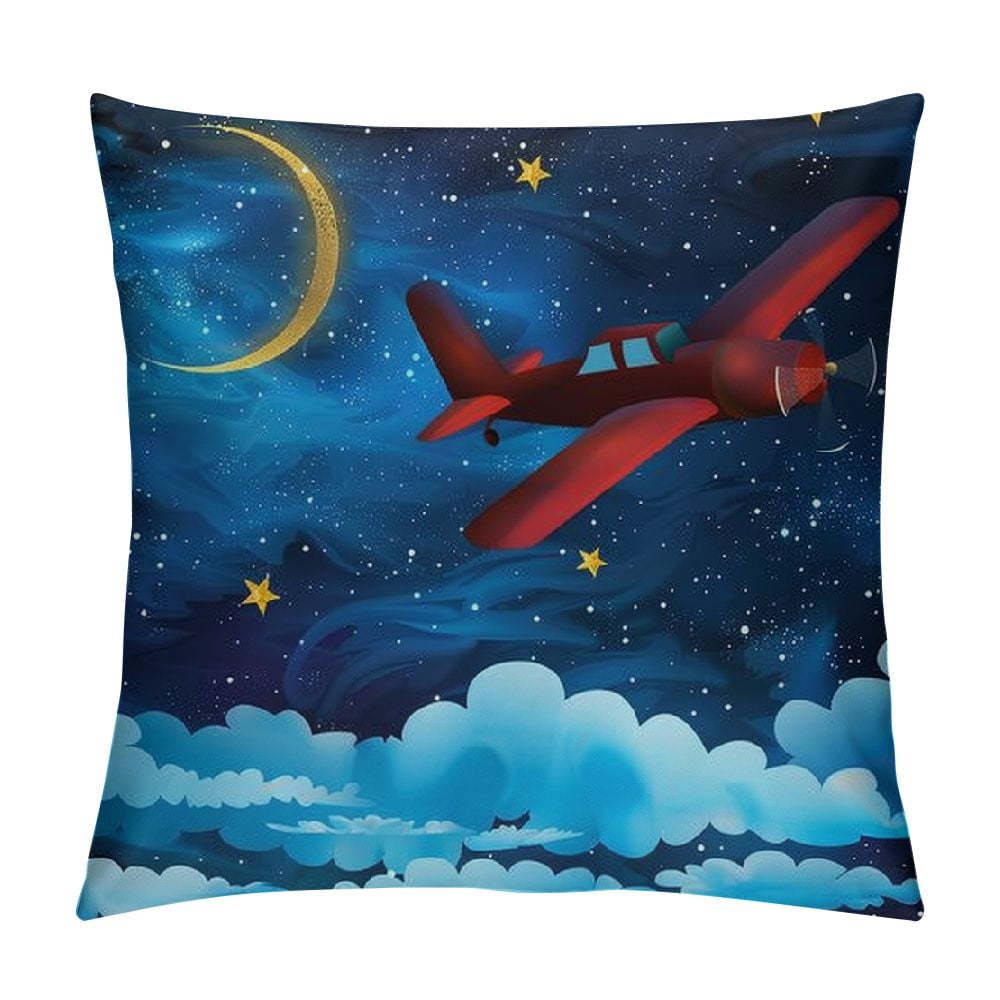 COMIO Plane Pillow Sham, Retro Airplane Flying at Night Sky with Moon and Stars Artisan Cartoon ...