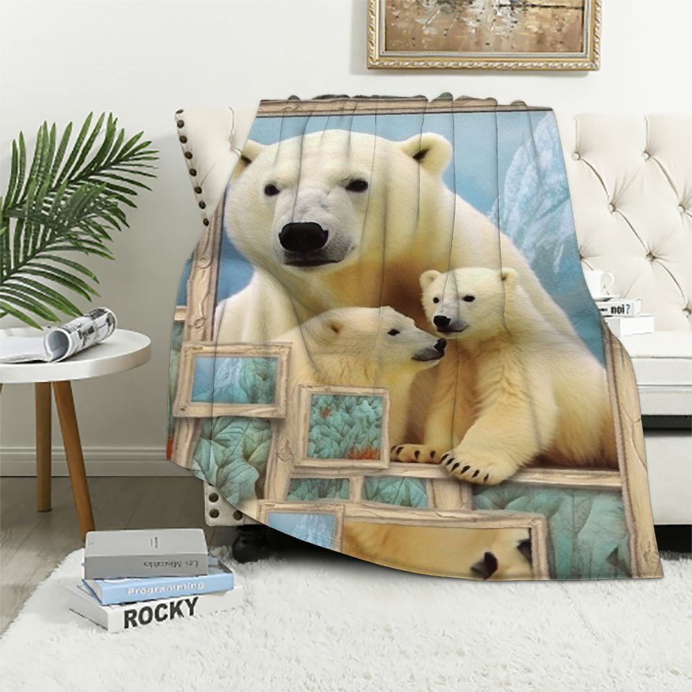 COMIO Polar Bear Throw Blanket Cozy Plush Cute Bears Flannel Ultra Soft ...
